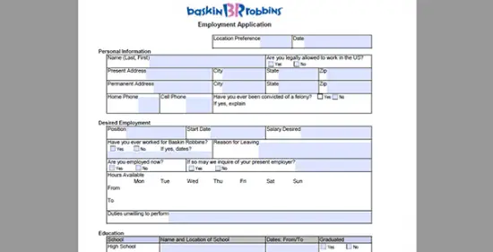Baskin-Robbins Job Application - Adobe PDF - Apply Online